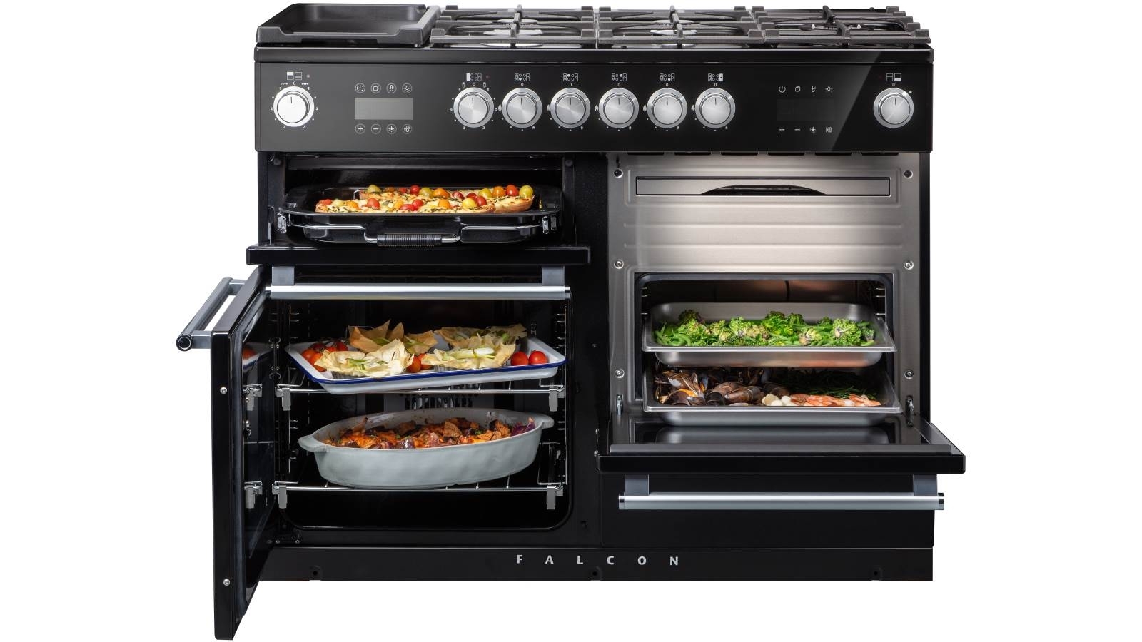 Falcon Nexus Steam 1100mm Chrome Fitting Freestanding Dual Fuel Cooker ...